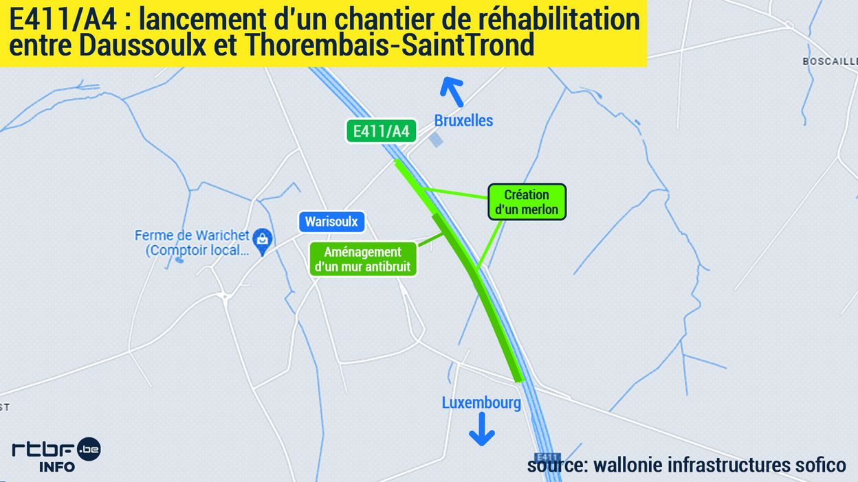 E411 : début d'un chantier entre Daussoulx et Thorembais-Saint-Trond à la mi-mars - RTBF Actus