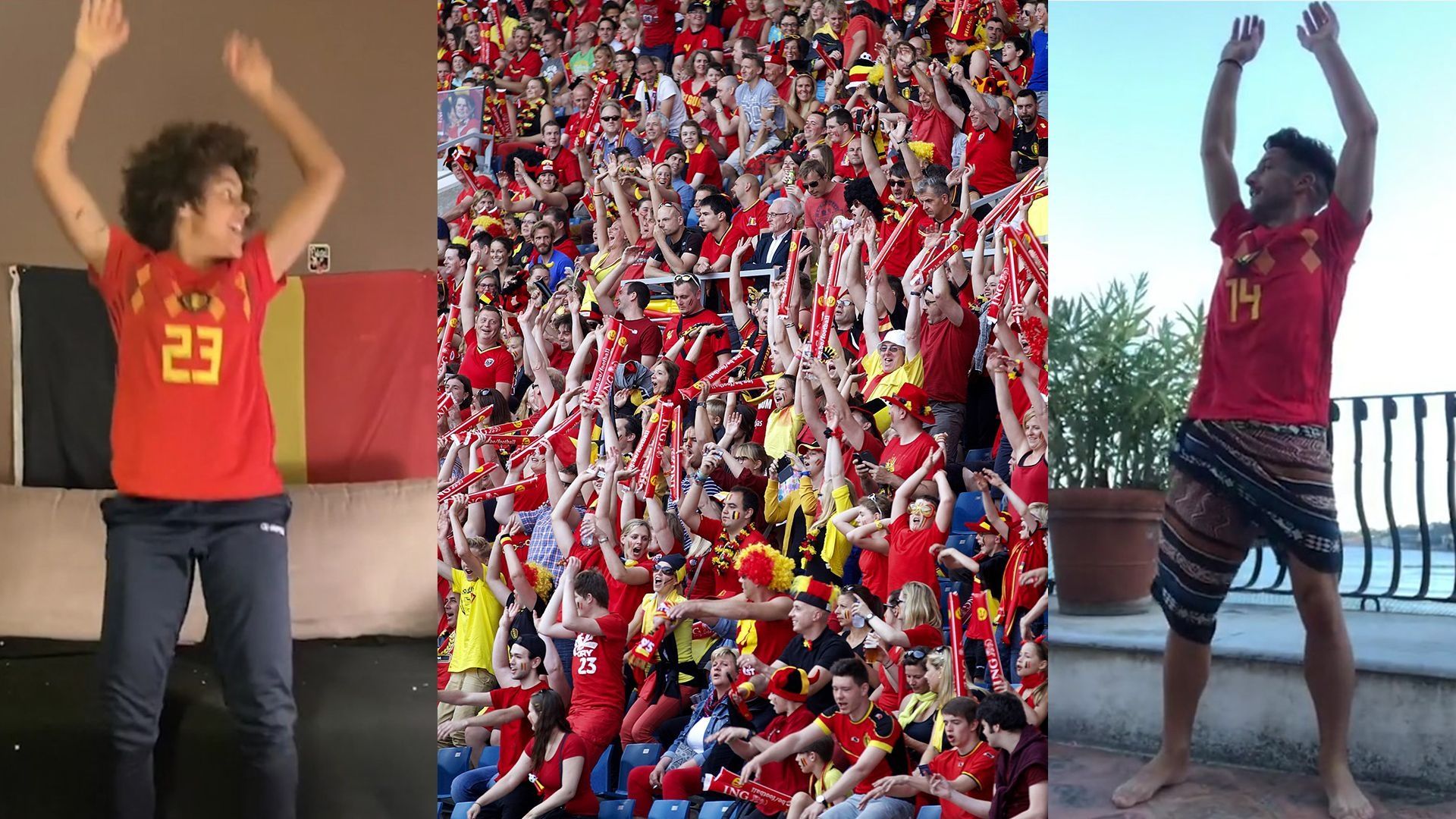 Les Diables rouges, les Red Flames et leurs supporters lancent une ola ...