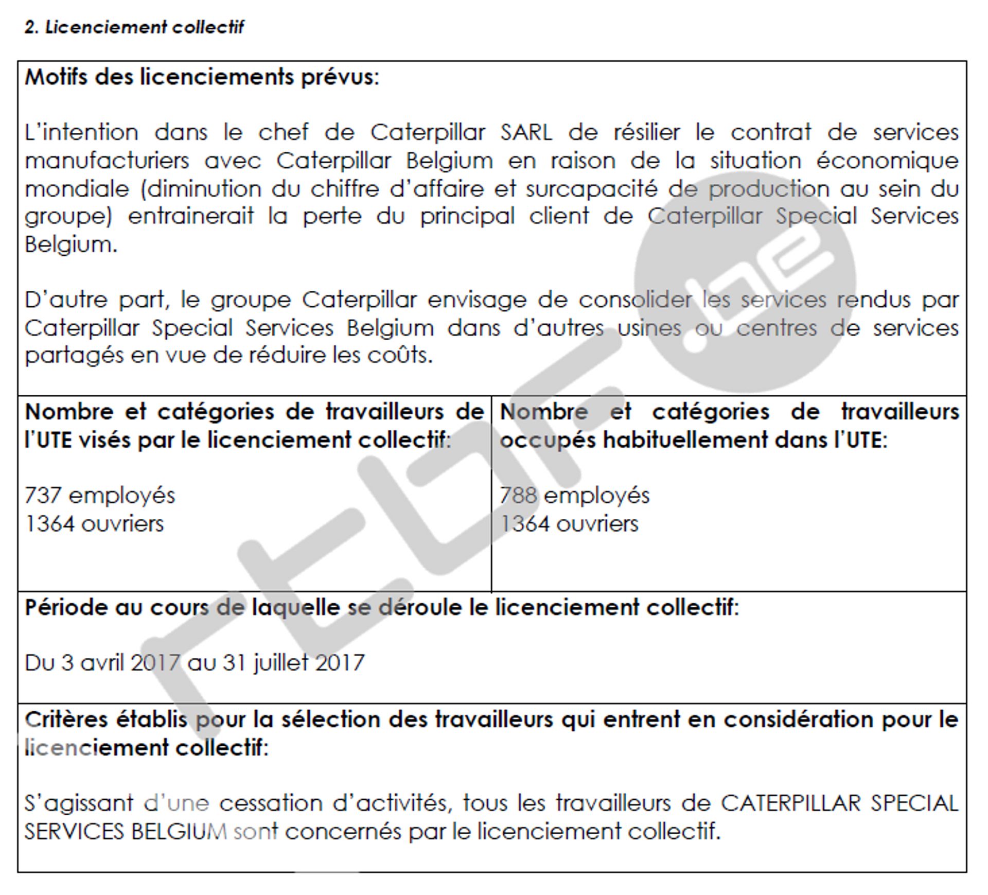 Les documents officiels transmis par Caterpillar au SPF Emploi - rtbf.be